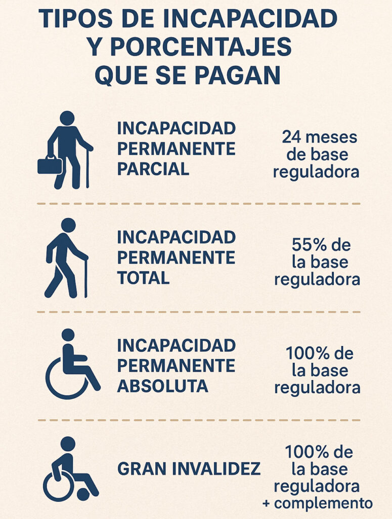 Tipos de incapacidad permanente y porcentajes que se pagan
