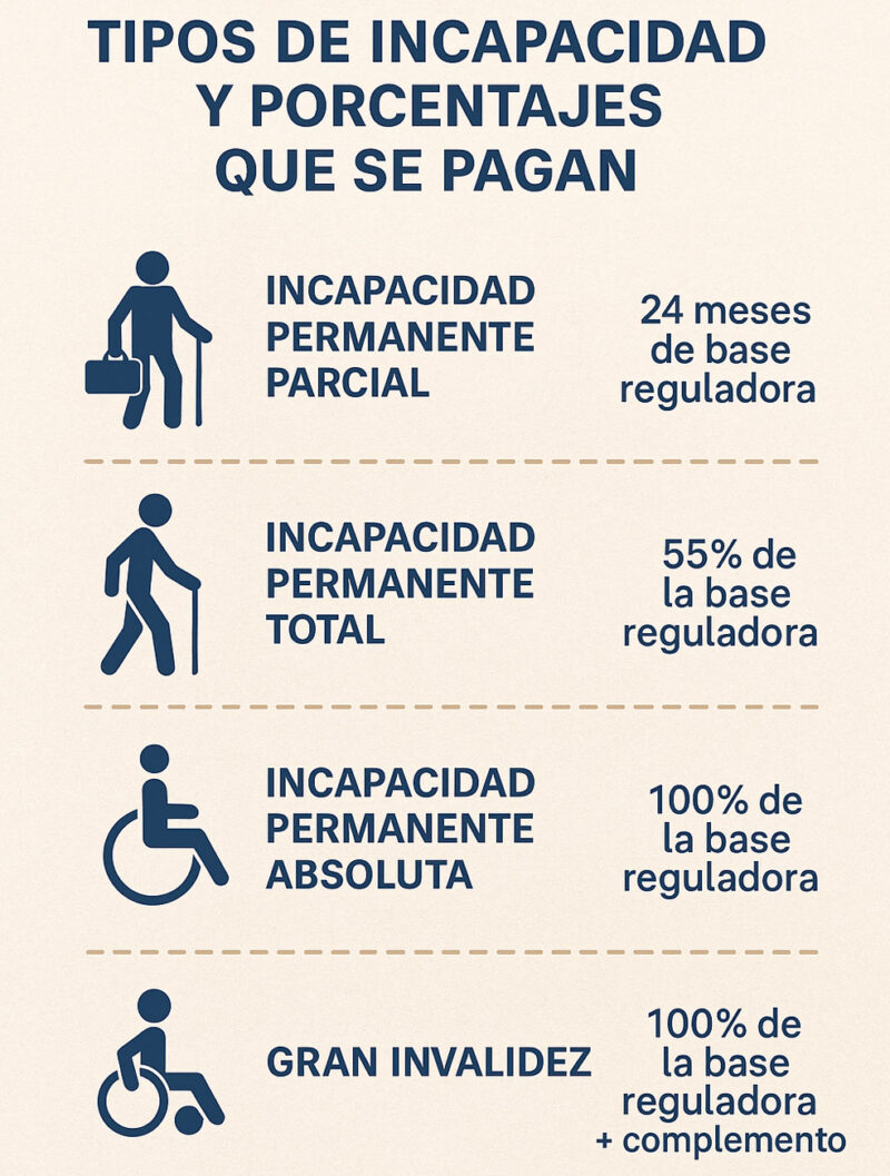 Tipos de incapacidad permanente y porcentajes que se pagan